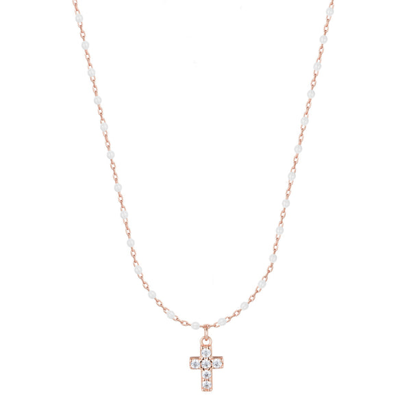AMARI MINI CROSS WHITE BEADED ROSE GOLD NECKLACE