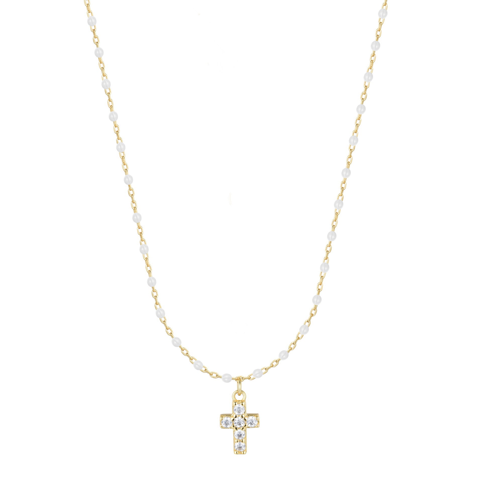 AMARI MINI CROSS WHITE BEADED GOLD NECKLACE