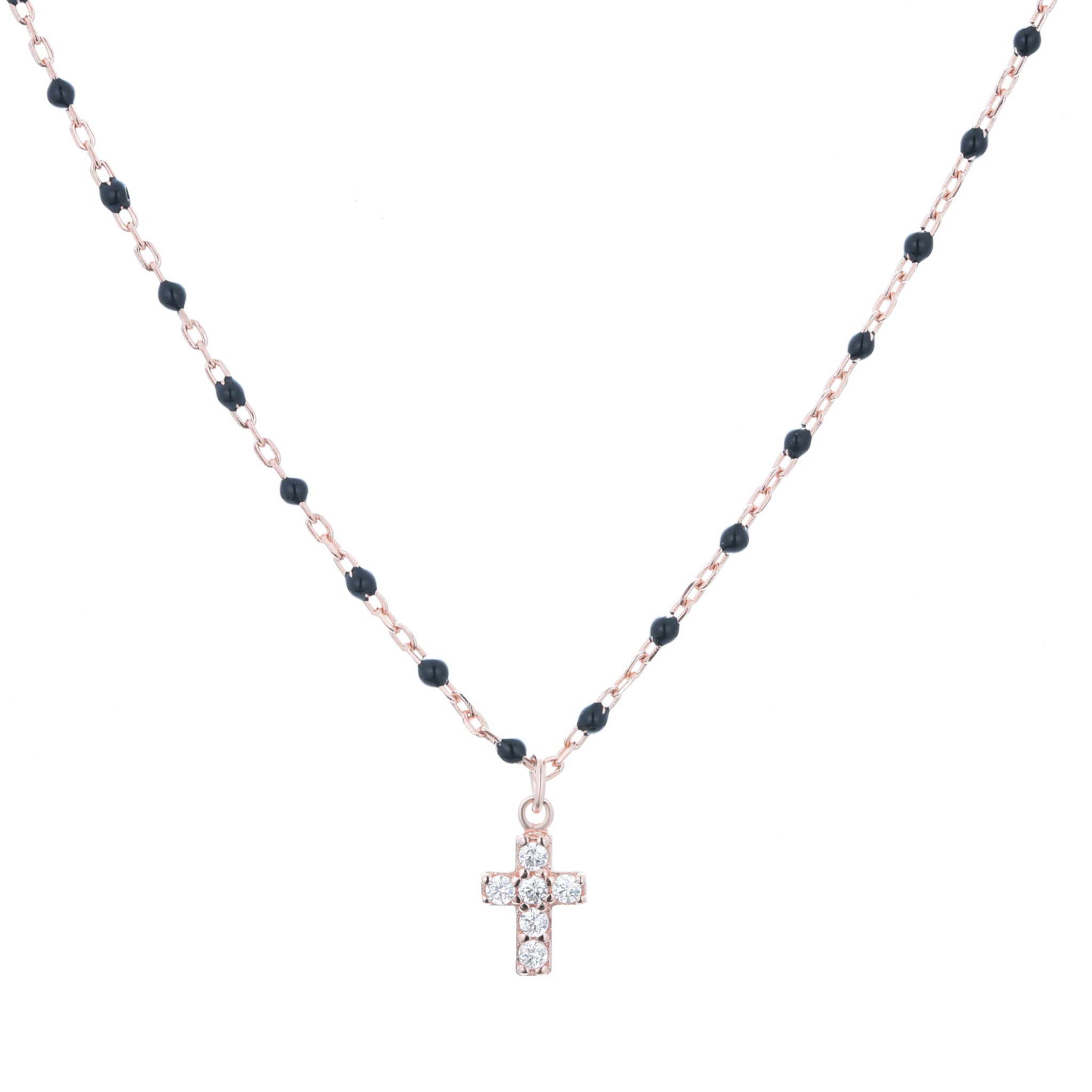 AMARI MINI CROSS BLACK BEADED ROSE GOLD NECKLACE